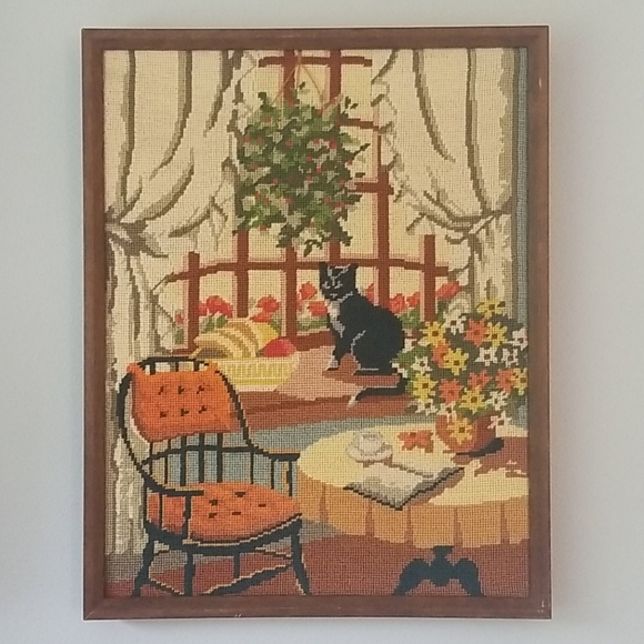 Vintage | Art | Vintage Mcm Cross Stitch Art Cat In Kitchen Nook | Poshmark